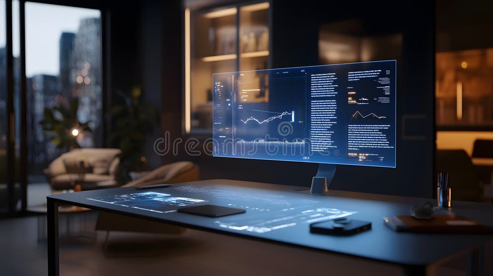 Futuristic Home Workspace with Holographic Screen Stock Image - Image ...