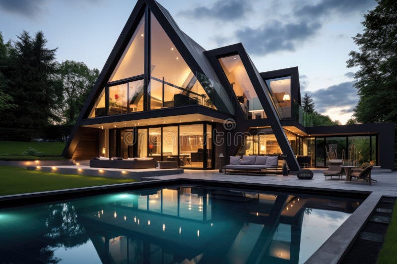 A Sleek, Modern House with a Geometric Design and Glass Walls Stock ...
