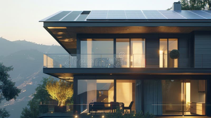A Sleek Modern House with Large Windows and a Solar Panel Array on the ...