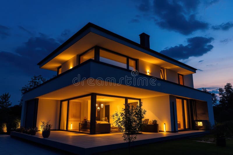 A Sleek Modern House Stands at Night, with Warm Lights Glowing from ...