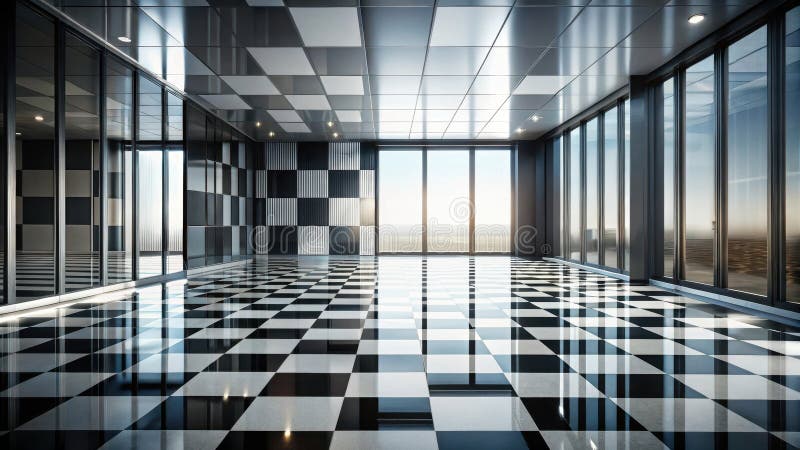 Sleek Modern Interior Space with Checkered Floor and Expansive Windows ...