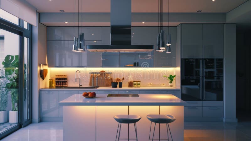 Sleek Modern Kitchen with Ambient Lighting Stock Photo - Image of ...