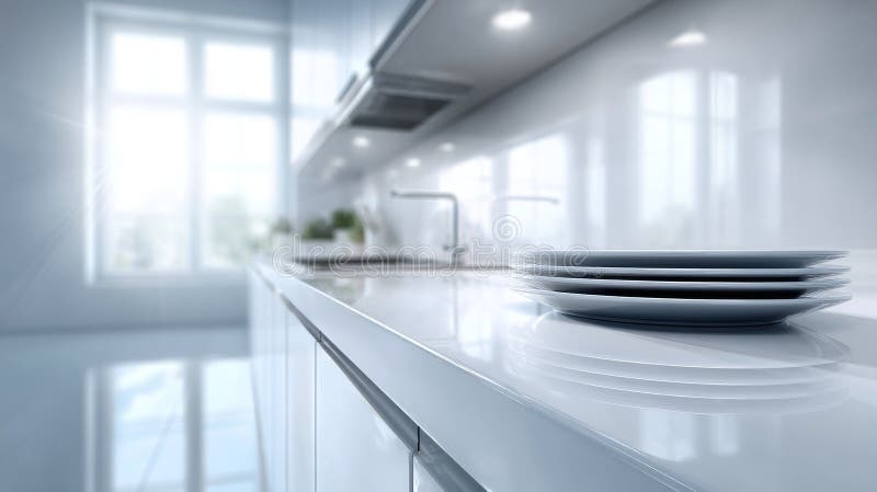 A Sleek Modern Kitchen Countertop Featuring Stacked Plates and a Bright ...
