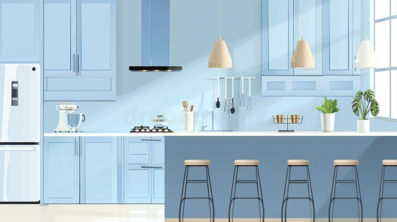 Sleek Modern Kitchen Design in Blue Tones Stock Illustration ...