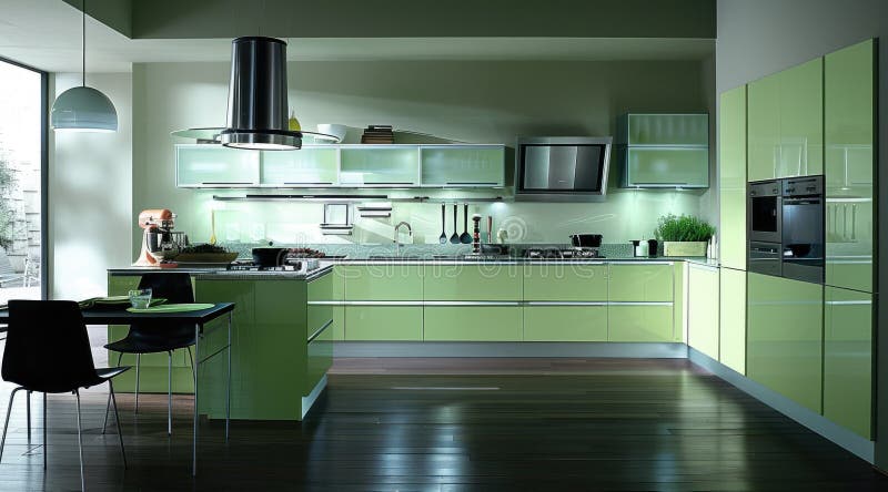 Sleek Modern Kitchen Design in Green Tones Stock Illustration ...