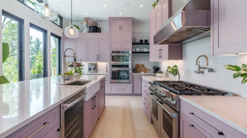 Sleek Modern Kitchen Design in Purple Tones Stock Illustration ...