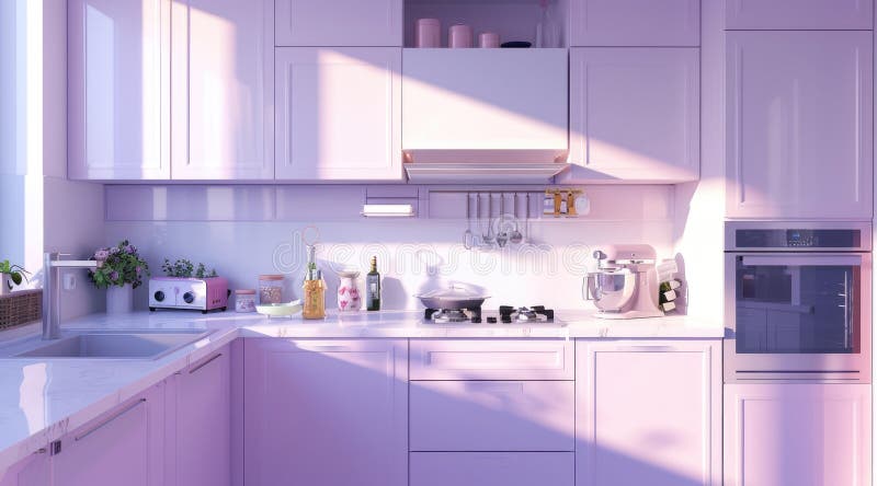 Sleek Modern Kitchen Design in Purple Tones Stock Illustration ...