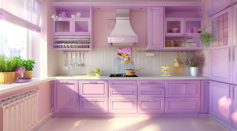 Sleek Modern Kitchen Design in Purple Tones Stock Illustration ...