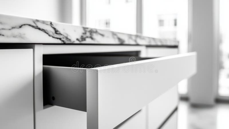 Sleek Modern Kitchen Drawer with Marble Countertop in Bright Interior ...