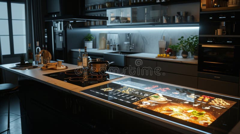 Modern Kitchen with Interactive Cooking Interface Stock Image - Image ...