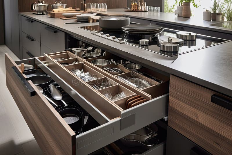 A Sleek and Modern Kitchen with Hidden Storage Solutions for Pots, Pans ...