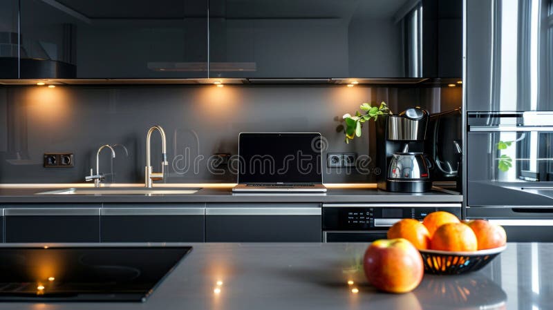 Sleek Modern Kitchen with Integrated Technology. Generative Ai Stock ...