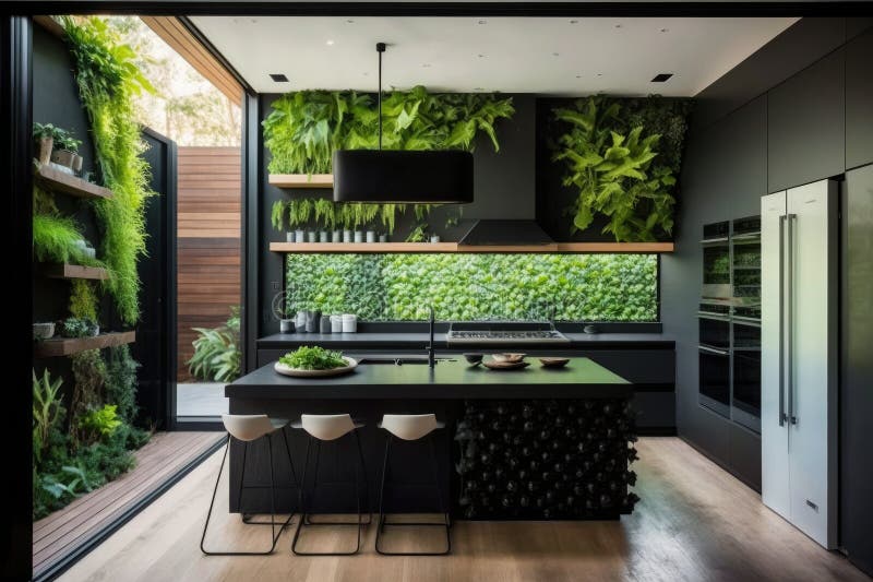 A Sleek and Modern Kitchen with a Vertical Garden Wall, Providing ...