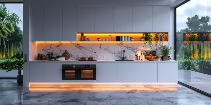 Sleek Modern Kitchen with White Cabinetry, Marble Backsplash, Under ...