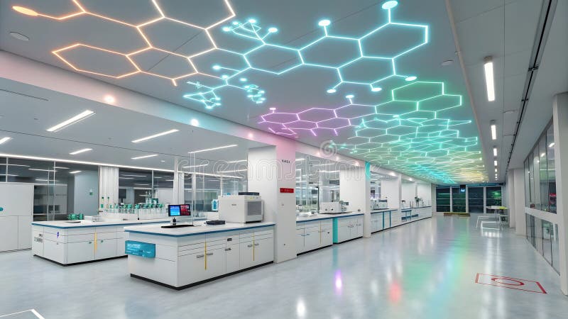 Modern Laboratory Interior with Hexagonal Neon Ceiling Lights Stock ...