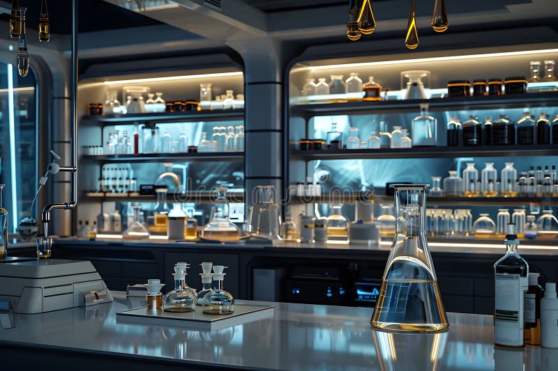 A Sleek and Modern Laboratory Workstation, with Beakers, Flasks Stock ...