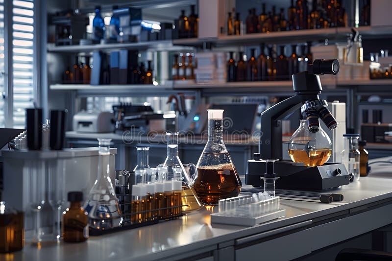 A Sleek and Modern Laboratory Workstation, with Beakers, Flasks Stock ...