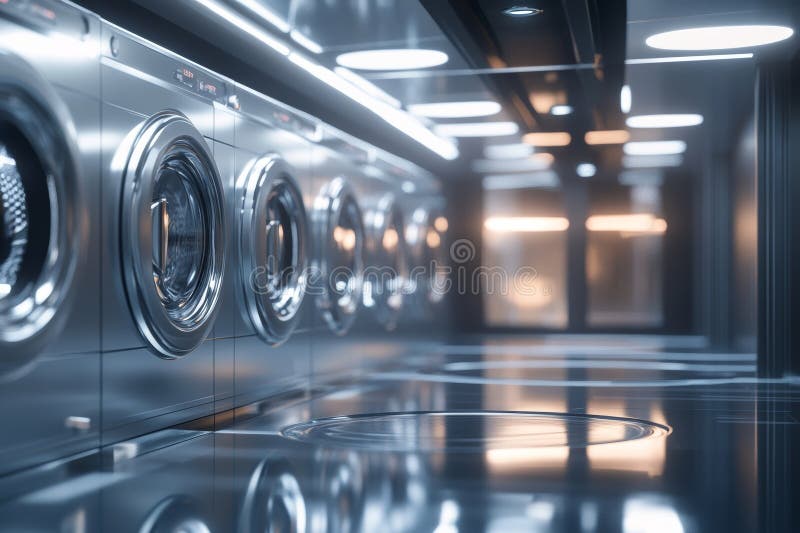 Sleek Modern Laundry Facility with Reflective Washing Machines in a ...