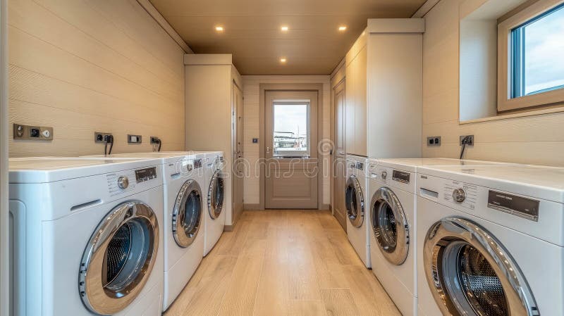 A Sleek Modern Laundry Room with Aligned White Washing Machines and ...
