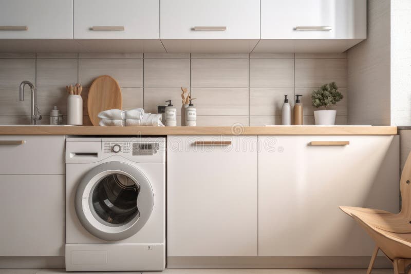 Beautiful Laundry Room Design with Modern Washer and Dryer Set Stock ...