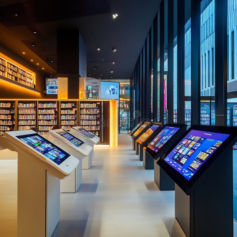 A Sleek, Modern Library Interior Features Multiple Digital Display ...