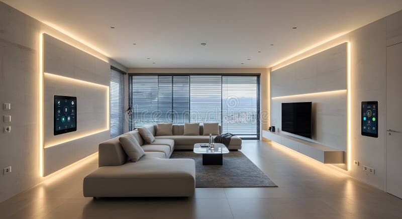 Sleek Modern Living Room with Smart Home Technology and Ambient ...