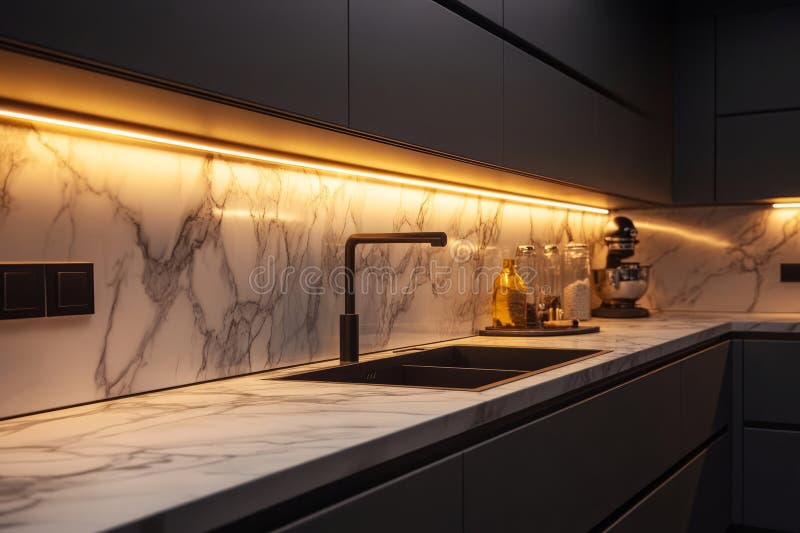 Sleek Modern Luxury Kitchen Featuring Marble Countertops, Cabinets and ...