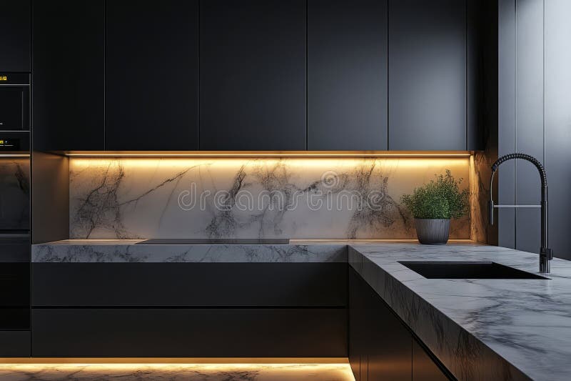 Sleek Modern Luxury Kitchen Featuring Marble Countertops, Cabinets and ...