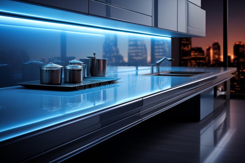 Sleek Modern Luxury Kitchen Illuminated with Stylish White LED Lighting ...