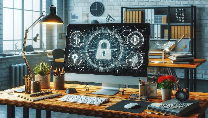 Modern Office with Cybersecurity Concept on Display Stock Illustration ...