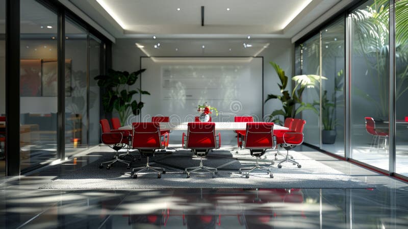 A Sleek and Modern Office Interior Featuring Stylish Red Chairs and a ...