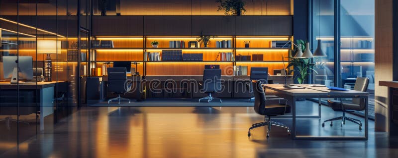 A Sleek Modern Office with LED Lighting, Casting a Soft, Ambient Glow ...