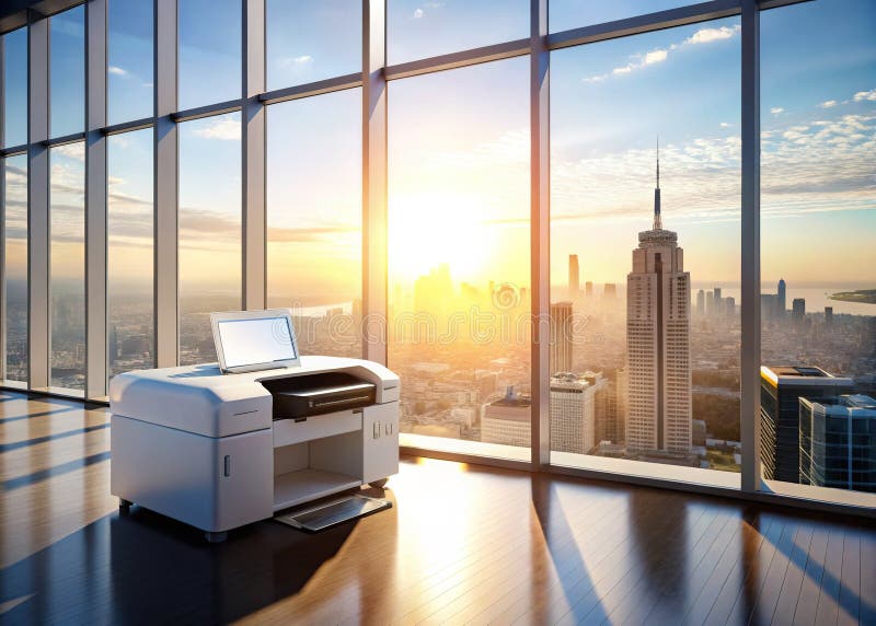 Sleek Modern Office Printer in a Bright Minimalist Workspace with City ...