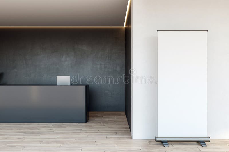 Sleek Office Reception with Roll-up Banner Display and Ambient Lighting ...