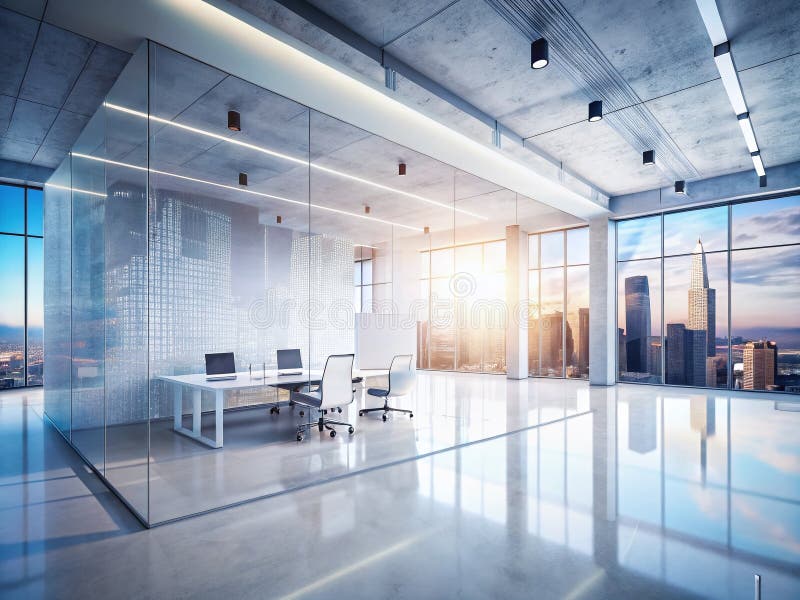 Sleek Modern Office Space Double Exposure Design Featuring Concrete ...