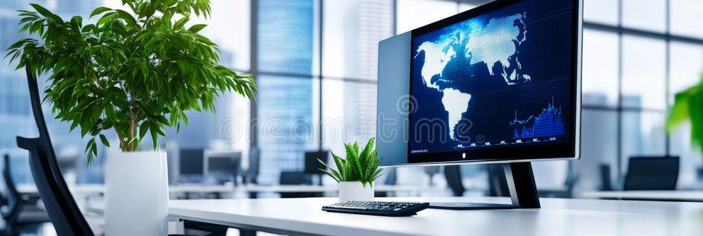 Modern Office Workspace with Global Data Display a Sleek Modern Office ...