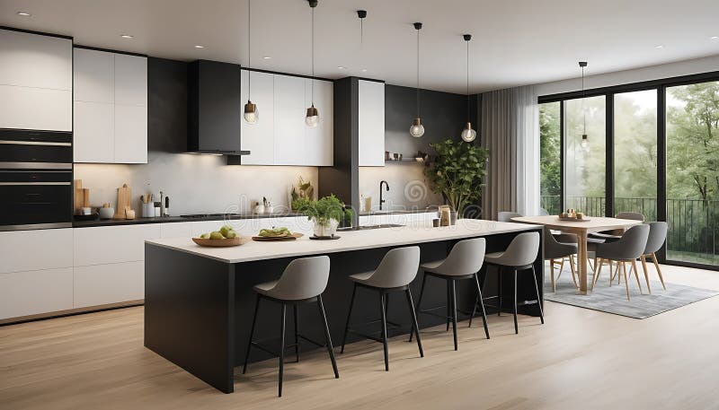 Sleek Modern Open Plan Kitchen and Dining Area Stock Image - Image of ...