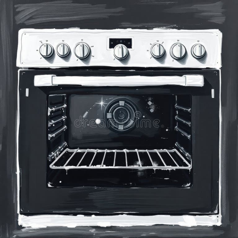 Sketch of Modern Oven with Multiple Knobs and Empty Interior in Kitchen ...