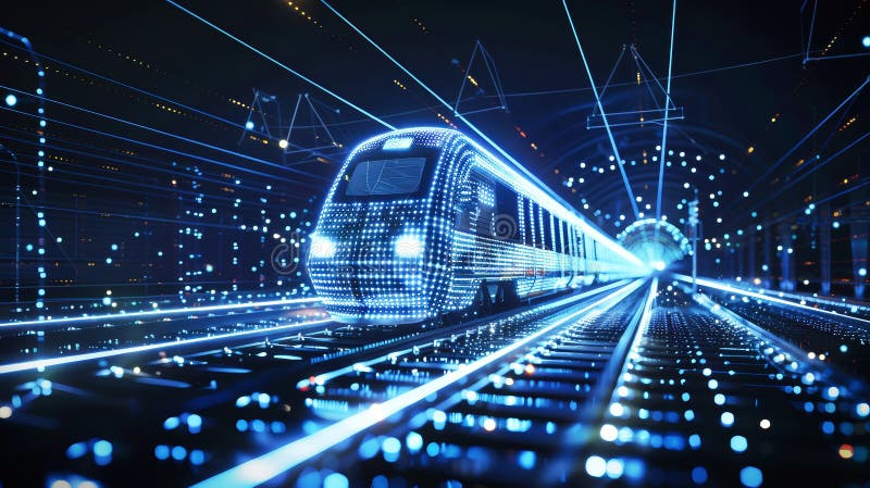 A Sleek Modern Passenger Train Travels through a Tunnel Aglow with ...