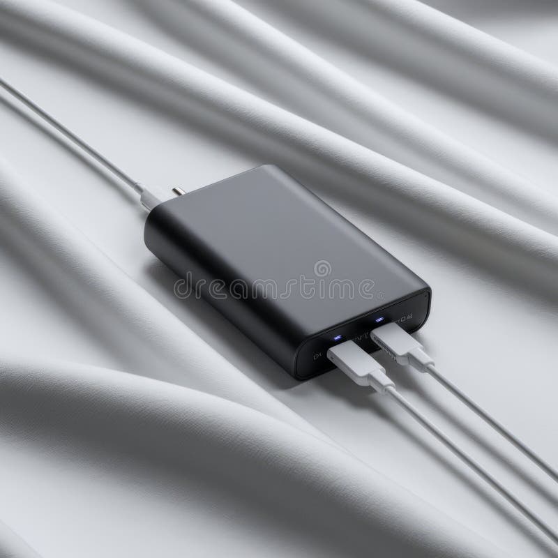 Sleek Modern Portable Charger on a Soft White Fabric Surface with Dual ...