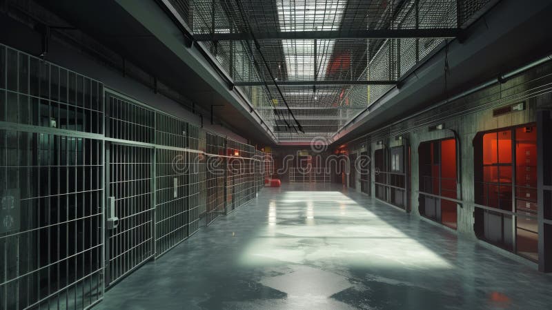 Modern Prison Hallway with Red Emergency Lights Stock Photo - Image of ...