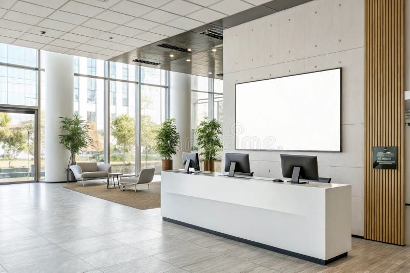 Sleek Reception Desk with Large Poster Wall Stock Illustration ...
