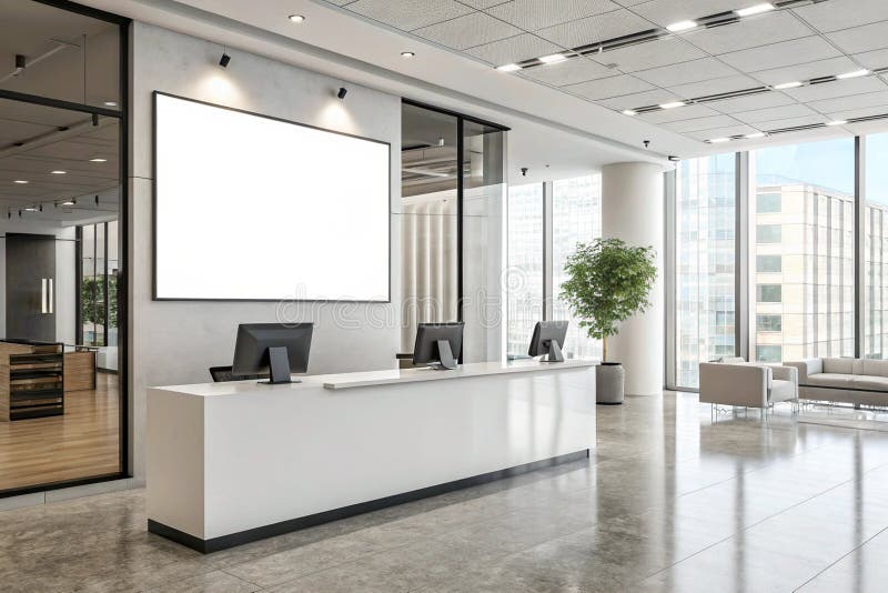Sleek Reception Desk with Large Poster Wall Stock Illustration ...
