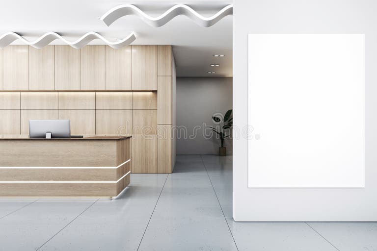 Sleek Modern Reception Desk with Wood Accents and Wave Patterned ...