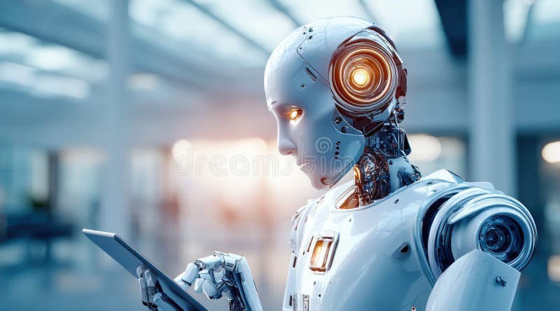 A Sleek, Modern Robot Uses a Tablet, Showcasing Futuristic Technology ...