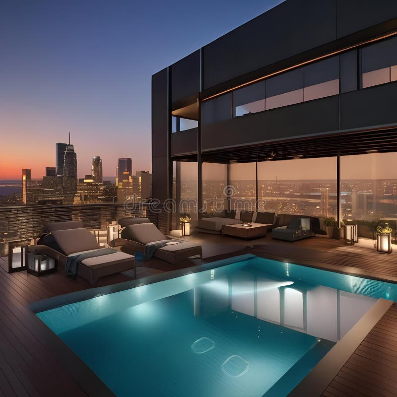 A Sleek and Modern Rooftop Pool Area with Lounge Chairs, Cabanas, and a ...
