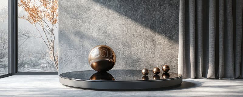 Modern Round Table with Black Glass Top and Bronze Spheres Stock Image ...