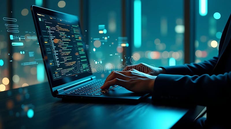 Developer Coding on Laptop with Futuristic Interface in Night City Office Stock Illustration ...