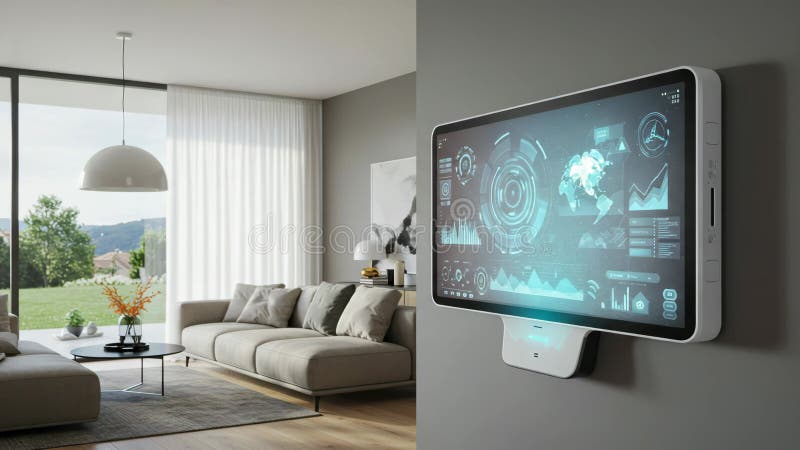 Modern Smart Home Control Panel Interface on Wall in Luxury Living Room ...