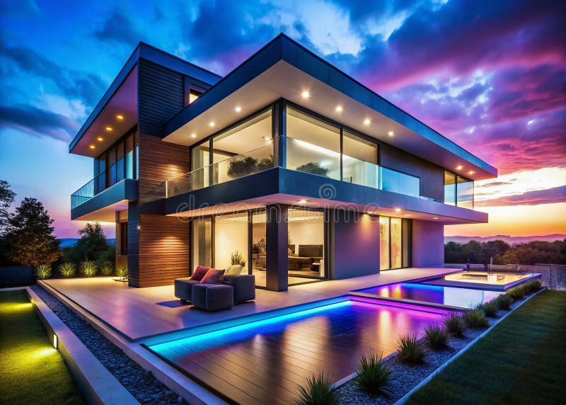 Sleek Modern Smart Home Exterior at Night a Symphony of Architecture ...